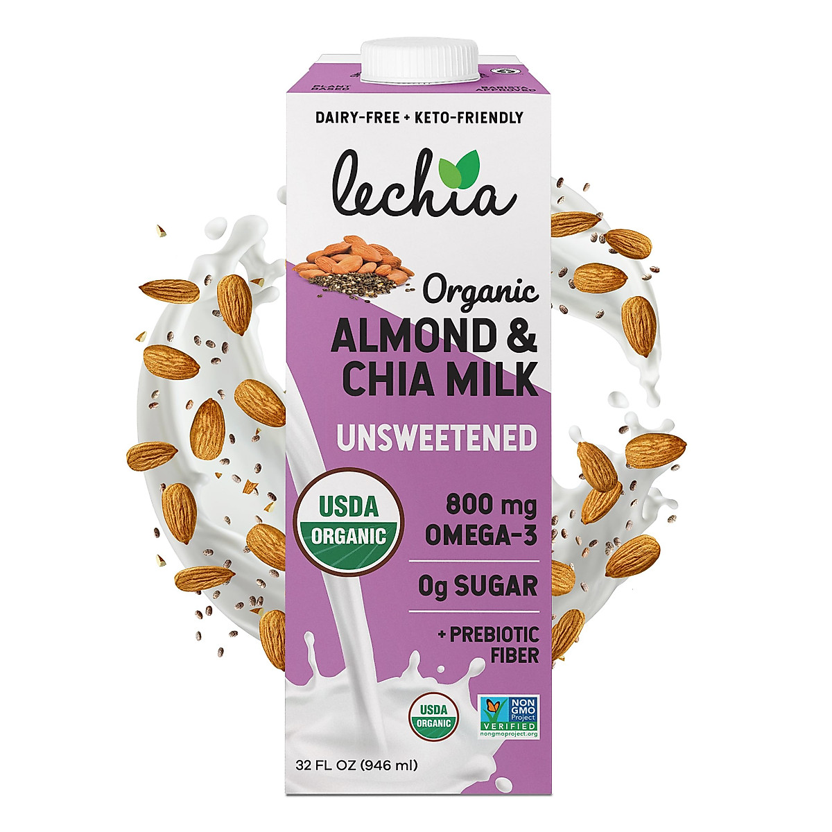 Organic Almond & Chia Milk, Zero Sugar, Almond Milk, with 800mg OMEGA-3 and Prebiotic Fiber, Vegan, Dairy Free, Gluten Free, Plant Based, Lactose Free, Non-GMO, Shelf-Stable, Low Carb, Keto, Soy Free, Kosher, Lechia, 32oz (6 Pack)
