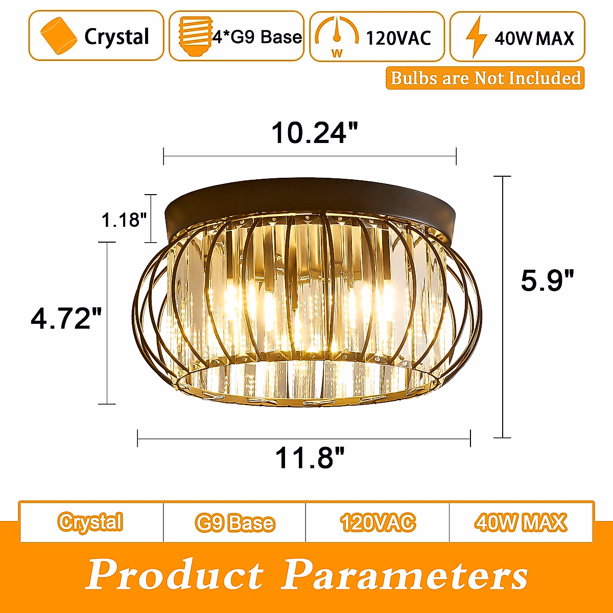 BUXVRCS Modern Crystal Chandelier, 4-Light Flush Mount Ceiling Light Fixtures, Overhead Light Fixture Black Ceiling Lamp for Hallway Bedroom Bathroom Living Room Kitchen G9 Socket