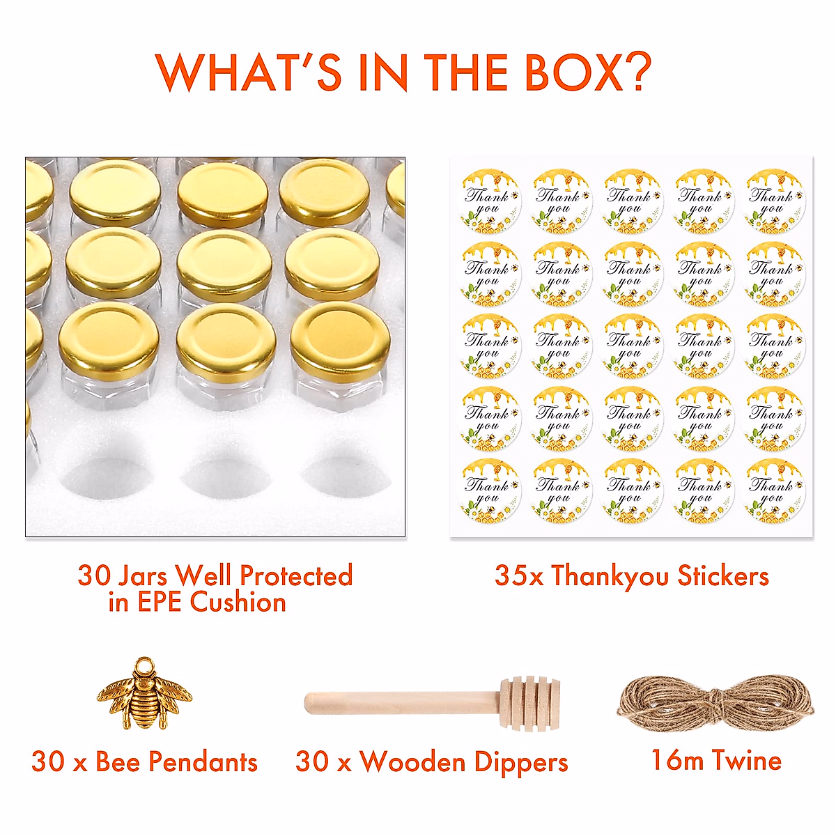 AuroTrends 30-Pack 3oz Glass Honey Jars with Wooden Dippers - For Wedding and Baby Shower Favors