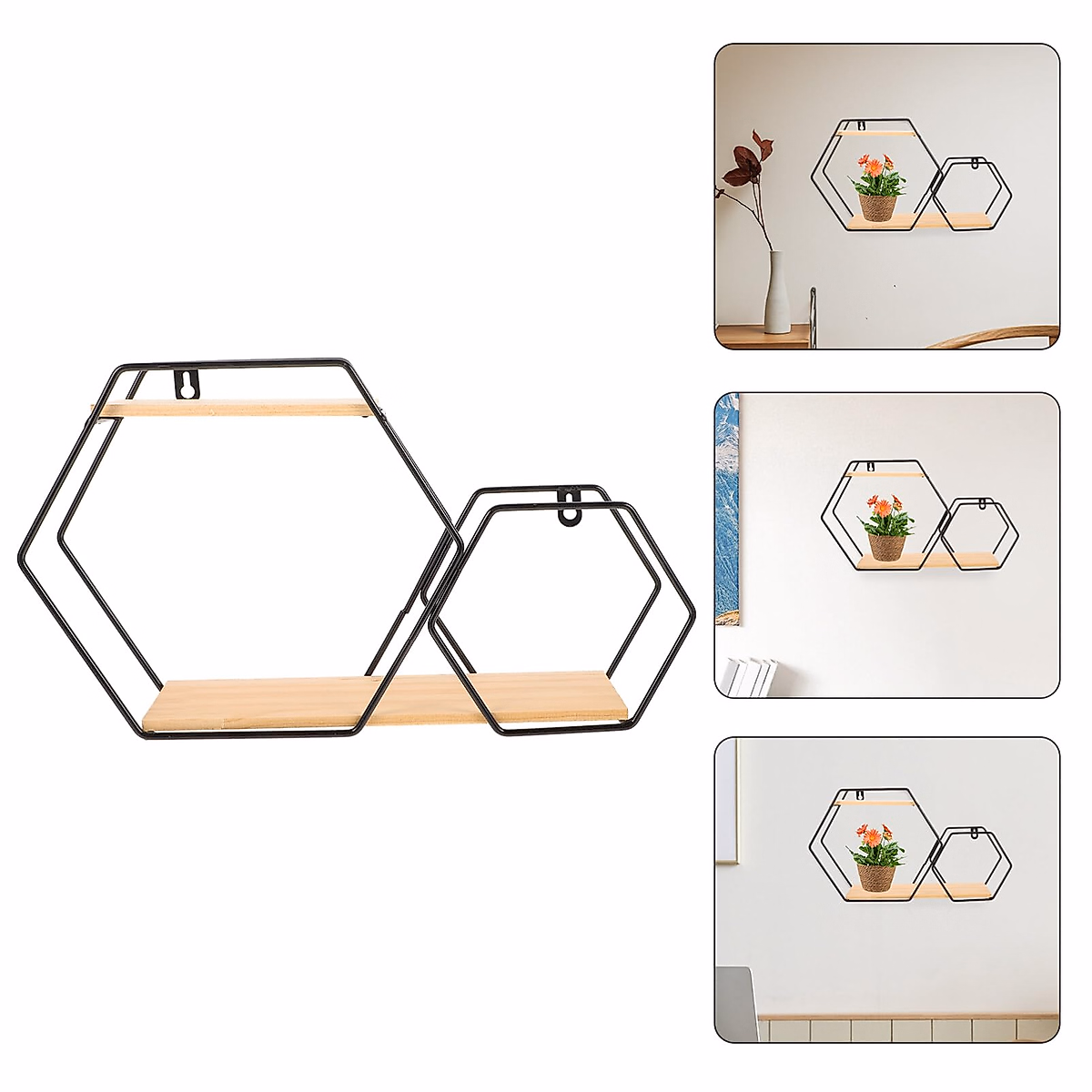 Uonlytech Hexagonal Storage Rack Metal Wall Shelf Wood Wall Shelves Hexagon Shelves for Wall Floating Shelves for Plants Metal Shelf Metal Floating Shelf Wall Shelves Wood Wall Shelving