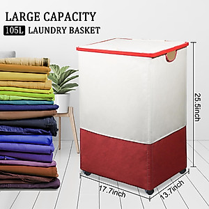 Laundry Basket with Wheels, Rolling Laundry Basket with Lid and Removable Bag, Collapsible Dirty Clothes Basket with Wheels for Bedroom, Bathroom, Dorm, Red/White