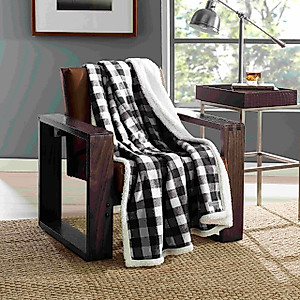 Eddie Bauer Throw Blanket with Pillow Reversible Flannel/Sherpa Bedding, Buffalo Plaid Home Decor for All Seasons, 2 Piece Set, Black/White Check