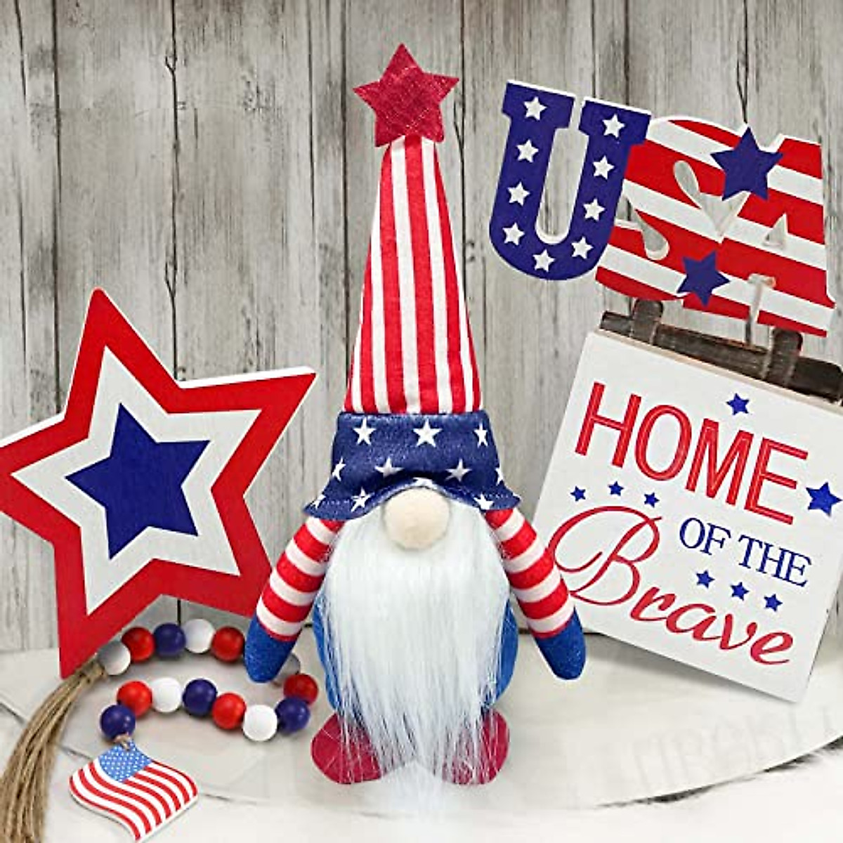 4th of July Decorations - Tiered Tray Decor - 3 Patriotic Wooden Signs - Gnomes Plush and Bead Garland - Farmhouse Rustic Decor Items for Home Table Memorial Day Independence Labor Red White Blue