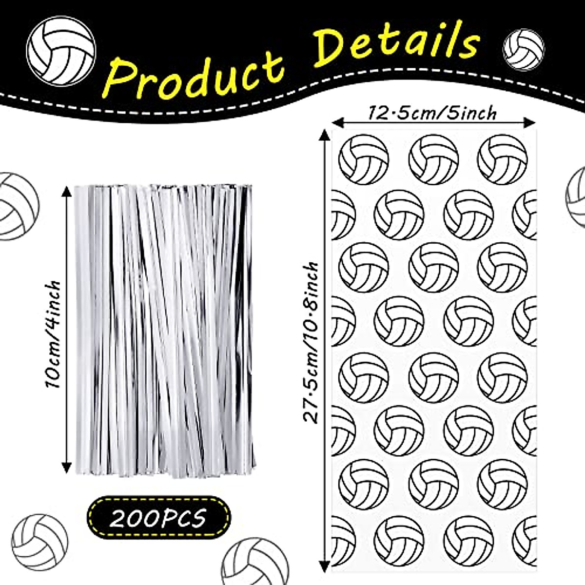 Outus 100 Pieces Volleyball Bags Volleyball Gifts Bags Volleyball Treat Bags Volleyball Print Cellophane Goody Bags with 200 Pieces Twist Ties for Birthday Party Supplies Goody Favor (Transparent)