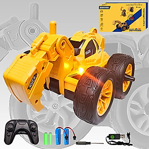STEMTRON Stunt Car 2.4Ghz 4WD Remote Control Car Double Sided 360°Rotating RC Excavator with Lights Construction Vehicle Truck Outdoor Indoor Toys Gifts for Boys Girls