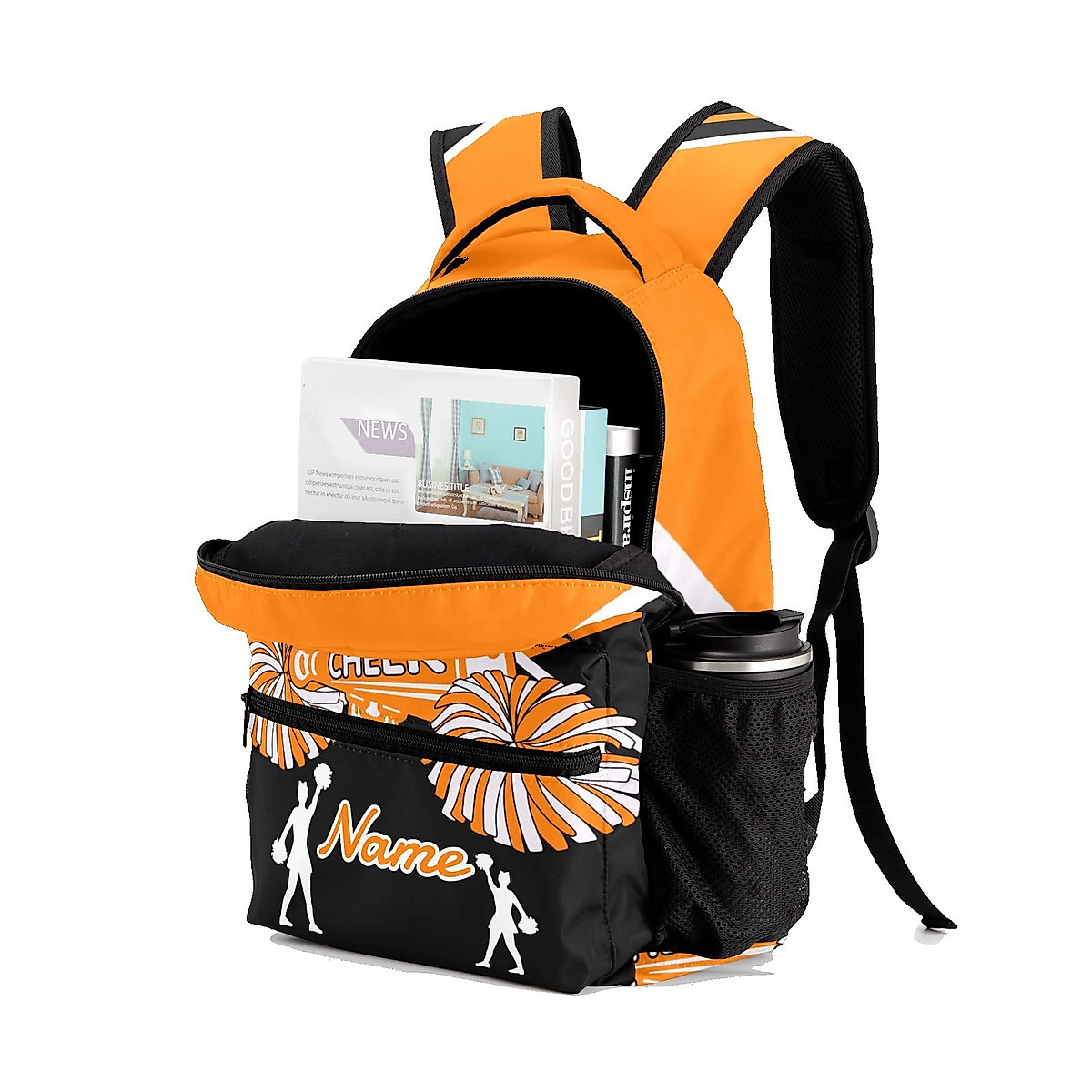 Zaaprint Personalized Orange Black Cheer Cheerleader Waterproof Backpack with Name Text for Women Men Gift