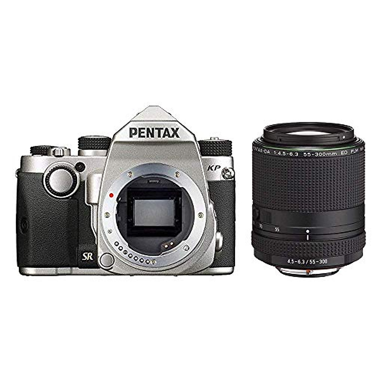 Pentax KP DSLR Camera (Silver) with a Pentax HD PENTAX-DA 55-300mm f/4.5-6.3 ED PLM WR RE Lens - 21277