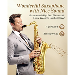 Eastar Tenor Saxophone Student Tenor Saxophone Bb Tenor Sax B Flat Gold Lacquer Beginner Saxophone With Cleaning Cloth,Carrying Case,Mouthpiece,Neck Strap, Reeds, Full Kit, TS-Ⅱ