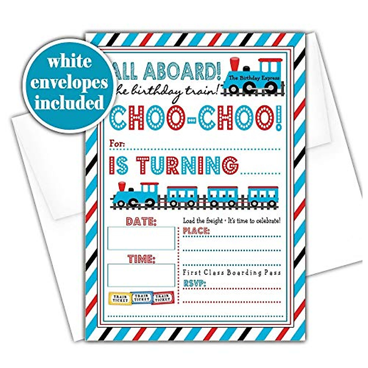 Train Themed Birthday Party Invitation - Set of 20 with envelopes