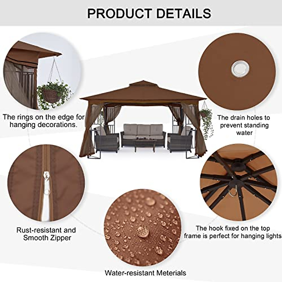 MASTERCANOPY Patio Outdoor Gazebo with Netting Screen Walls and Corner Shelf Design (11x13,Brown)