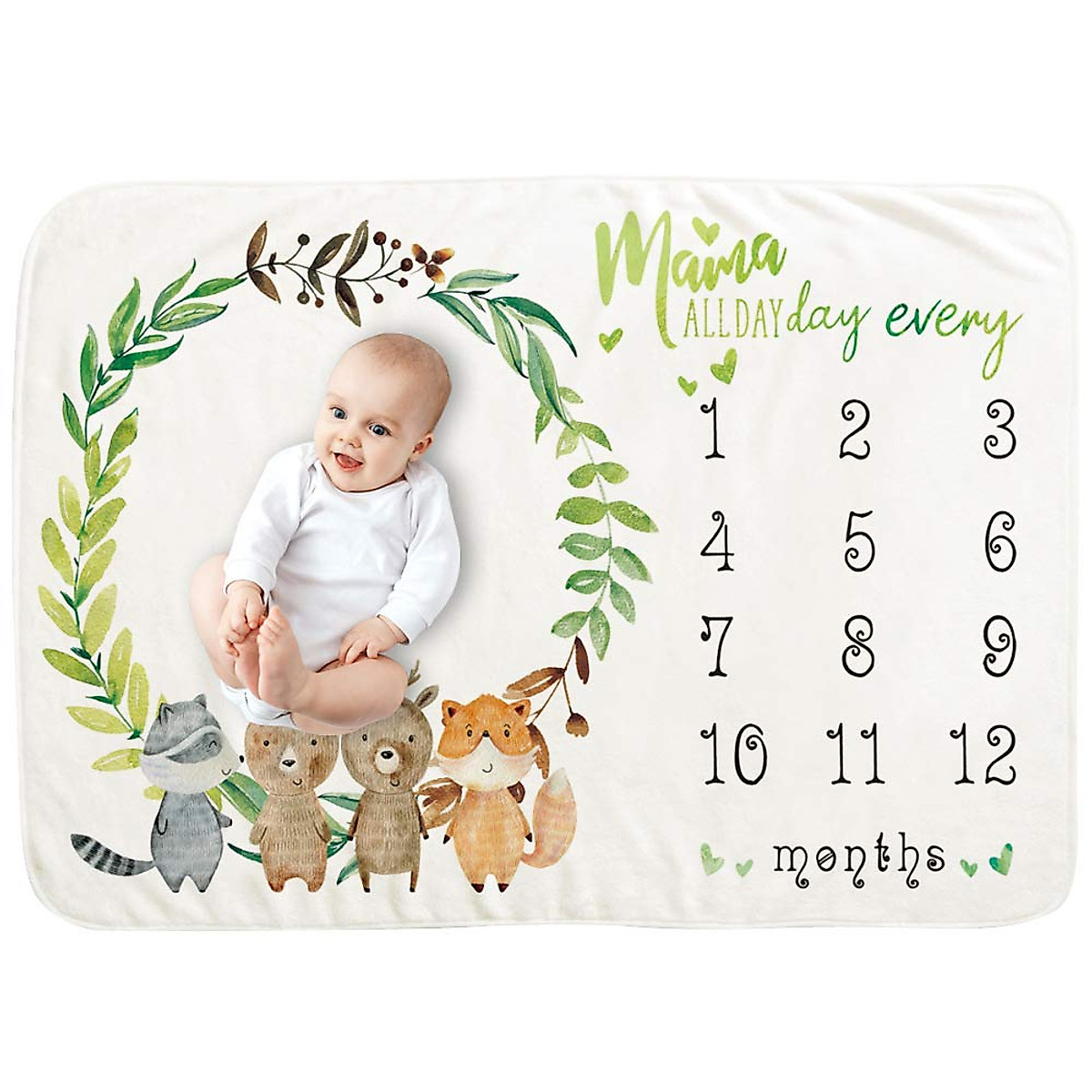 Woodland Baby Monthly Milestone Blanket, Woodland Animals Baby Growth Chart Monthly Blanket, Woodland Forest Nursery Decor, Includes Marker (50@)