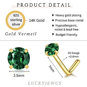 14k Gold Plated Sterling Silver L Shaped Nose Rings Studs for Women Men 20g, Small L Shape Nose Stud, 20 Gauge Nose Piercing Stud, Hypoallergenic Nose Nostril Piercing Jewelry (Gold - Green Emerald)