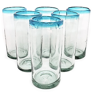 MexHandcraft Aqua Blue Rim 20 oz Tall Iced Tea Glasses, set of 6, Mexican Handmade Glassware, Recycled Glass, Lead & Toxin Free (Tall Iced Tea)