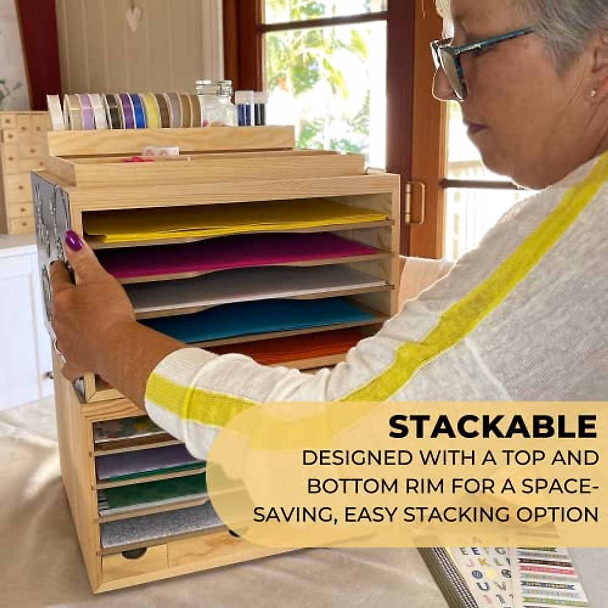 HYGGEHAUS Scrapbook Paper Storage & Organization - Art & Craft Organizer Made from Solid Pinewood | 3 Storage Trays, Magnetic Adhesive Sheet, Hook for Scissors & Portability Handle | Stackable Design