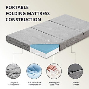 Folding Mattress, 4 Inch King Tri Folding Memory Foam Mattress for Camping Guest Bed, Washable Cover & Non-Slip Bottom, 80" x 76" x 4", Grey