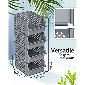TidyFriend Stackable Storage Bins for Pantry, 4 Pack Stackable Bins For Organizing Food, Kitchen, and Bathroom Essentials (Grey)