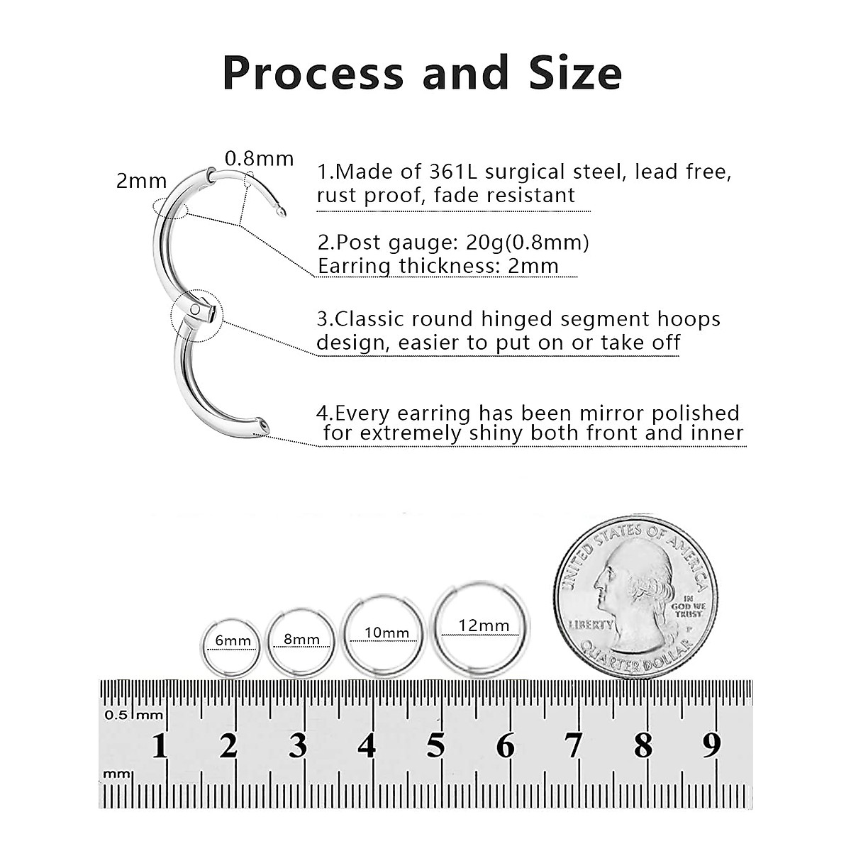 4 Pairs 316L Surgical Stainless Steel Small Huggie Hoop Earrings Set Hypoallergenic Hoops Cartilage Helix Lobes Hinged Sleeper Earrings for Men Women for Multiple Piercings (6/8/10/12mm Silver,4 Pairs