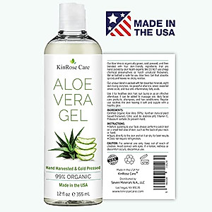 KinRose Care, 12oz Organic Aloe Vera Gel for Face, Skin, Hair & Sunburn Relief - From 100 Percent Pure Aloe Vera - Cold Pressed, Vegan, Unscented - Made in USA.