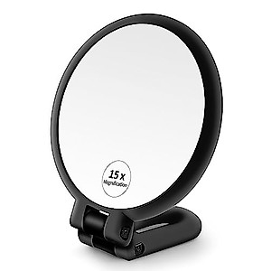 1X 15X Magnifying Hand Held Mirror,Double Side Folding Hand Mirror for Women with Adjustable Handle,Travel Table Desk Shaving Bathroom (Black)