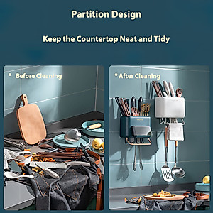 Aiabaleaft Kitchen Utensil Holder Multifunctional Storage Box, Plastic Cutlery Storage Organizer with Drain Functio, Cooking Utensil Organizer for Knives/forks/spoons(Dark Green)