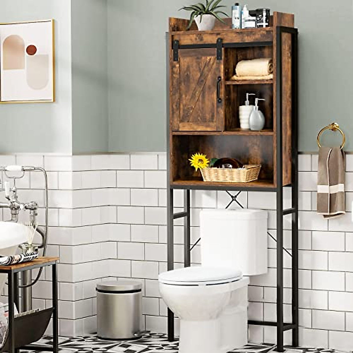 Tangkula Over-The-Toilet Storage Cabinet, Freestanding 4-Tier Bathroom Organizer Rack w/Adjustable Shelf & Sliding Barn Door, Multifunctional Bathroom Space Saver, 25 x 9.5 x 67.5 in (Rustic Brown)