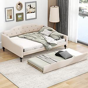 Upholstered Full Daybed with Twin Size Trundle, Full Size Daybed Frame with Button Tufted and Wingback Design, Wooden Full Sofa Bed for Livingroom Bedroom, No Box Spring Needed,Beige