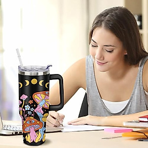 thmasamwr Mushroom Tumbler with Lid and Straw, Stainless Steel Mushroom 40oz Tumbler with Handle, Black Mushroom Travel Coffee Mug Mushroom Gifts Cups for Women and Men