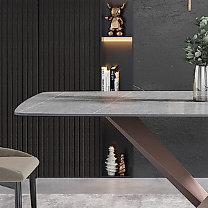 Voohek Kitchen Dining Table, with Artificial Marble Stone Top, Metal Leg, for Living Room, 6-8 People (No Chairs), Gray