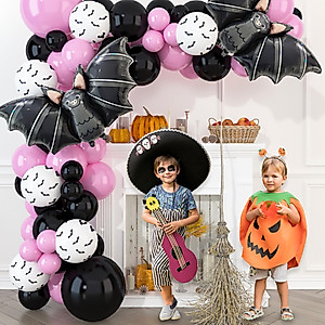 HOUSE OF PARTY Halloween Bat Balloon Garland Kit, 18/12/10/5 inch Black Pink White Balloons Arch with 2 Pcs 40'' Large Bat Foil Balloon, Bat Latex Balloons for Indoor Halloween Party Decorations
