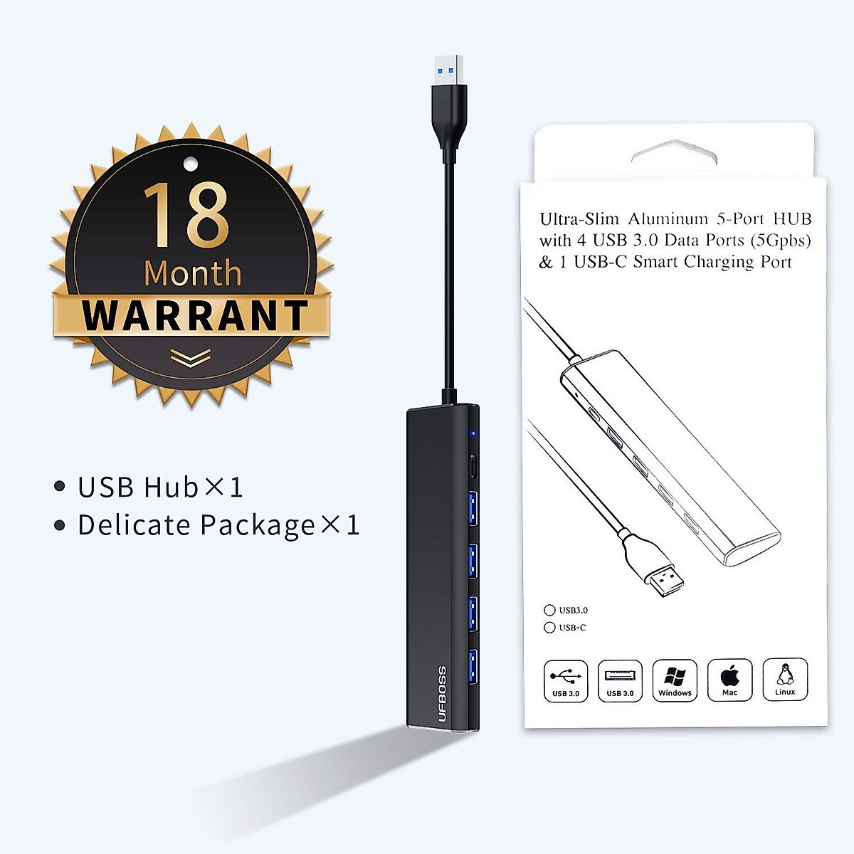 UFBOSS 5-Ports Ultra Slim Aluminum USB 3.0 Hub, 4 Portt 5Gbps USB3.0 with One USB-C Charging Port USB Splitter - Compatible with Laptop, iMac Surface Pro, XPS, PC, Flash Drive, Mobile HDD