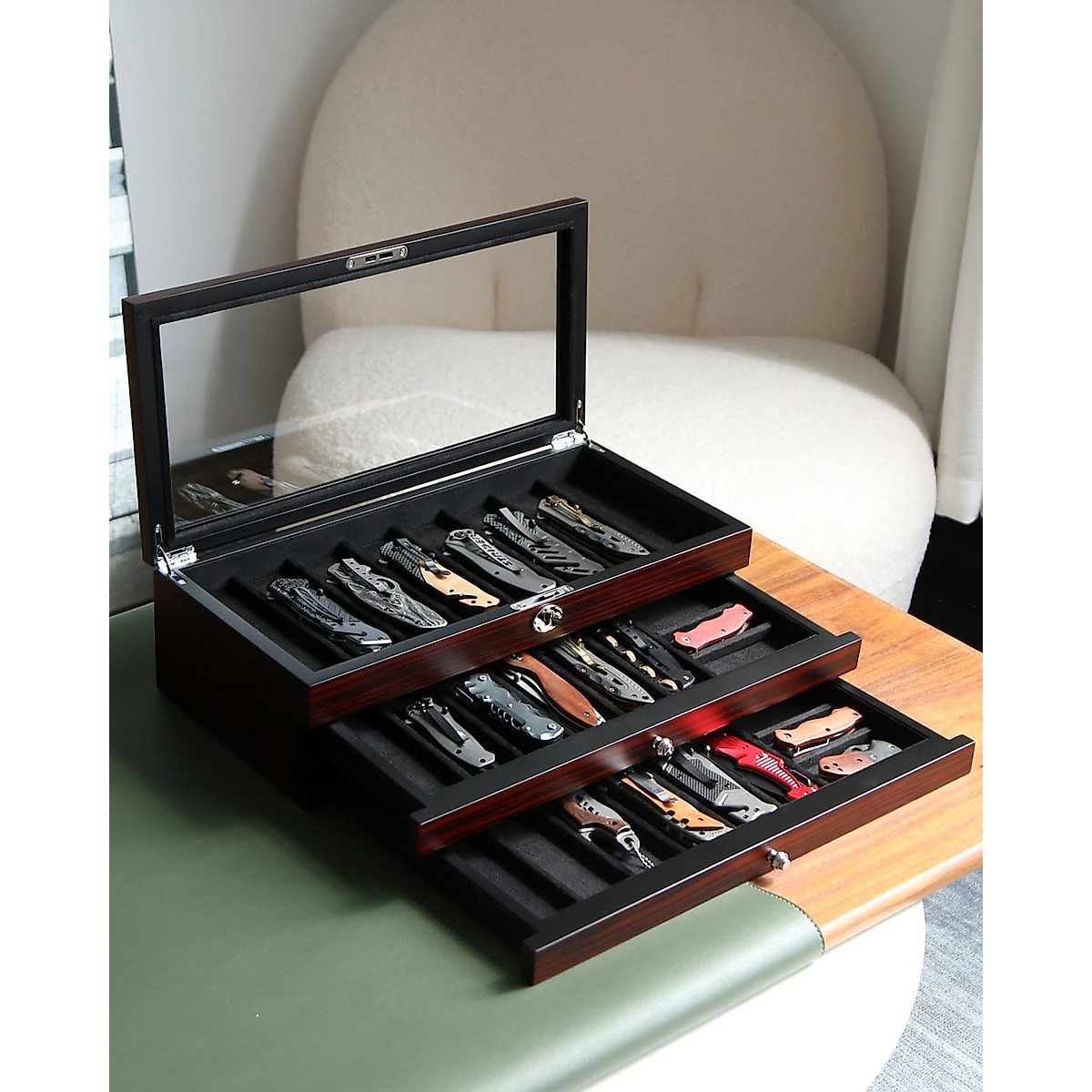 Bonaking Knife Display Case, 22-26 Slot Storage Box, Ebony Veneer, 3-Tier, Lockable, Showcase & Organizer for Pocket Knives, Men Gift, 15.9x7.8x4.5 inches