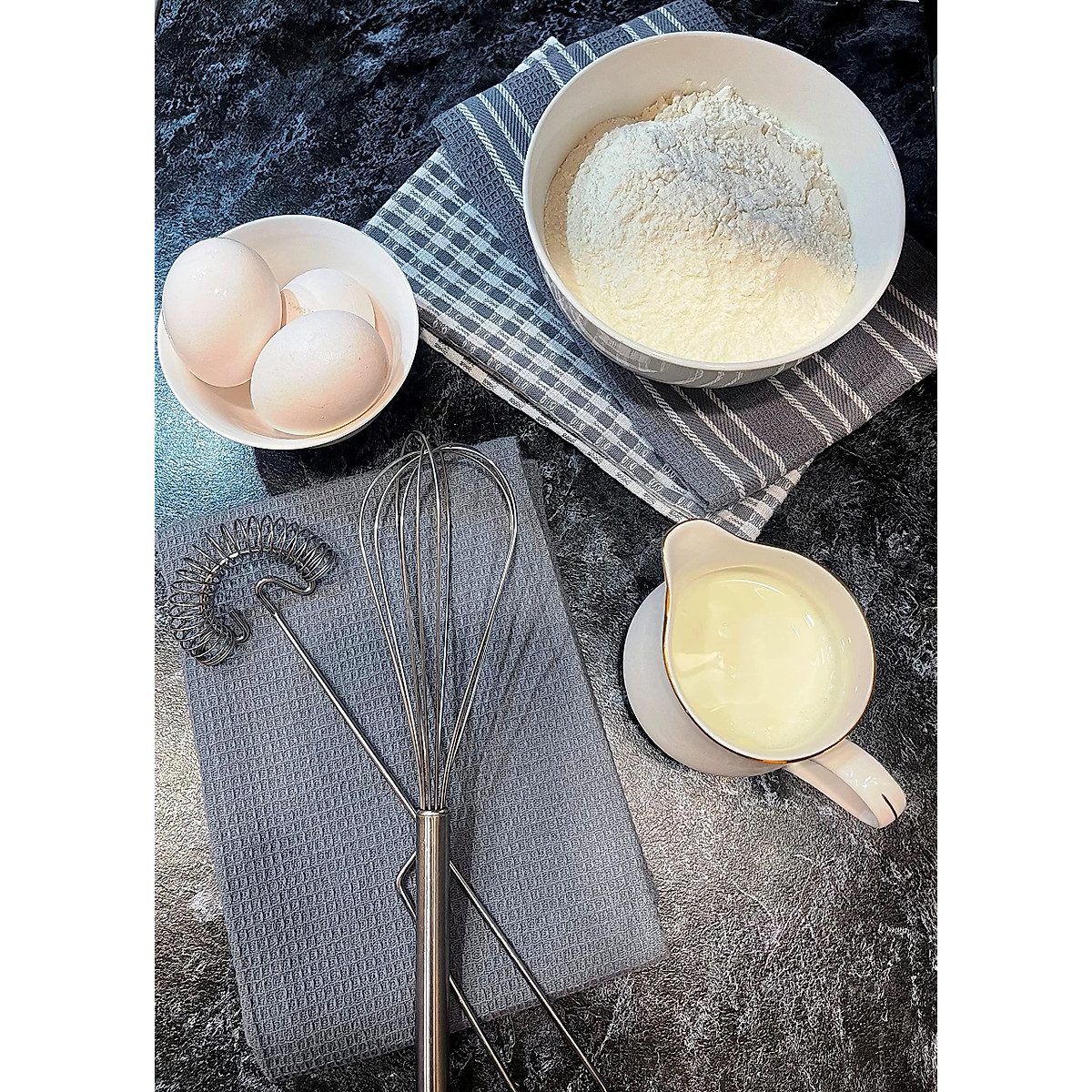 Akma's textile 100% Natural Cotton Kitchen Towels (17”x 28”, 3 Pack), Set of 3 Waffle Weave Tea Towels, Highly Absorbent Cloth Dish Napkins, Quick Drying Dish Towels, Classic Cloth Napkins, Dark Gray