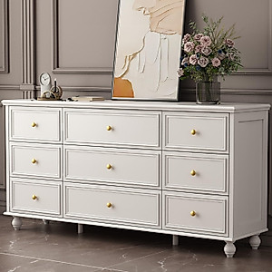 Hitow 9 Drawer Dresser for Bedroom, Modern Drawer with Wide Drawers and Wood Legs, Floor Storage Organizer Chest of Drawers for Living Room, White (15.7" D x 63" W x 31.5" H)