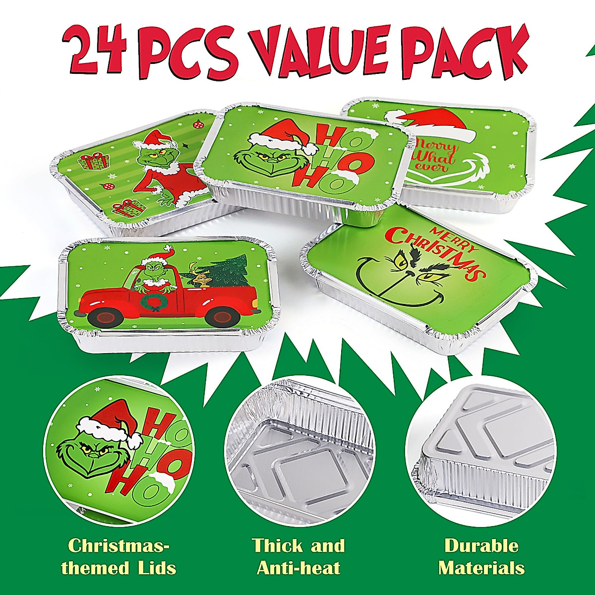 Biawoy 24Pcs Christmas Aluminum Foil Containers with Lids, Christmas Cookie Tins with Lids, Christmas Treat Containers Holiday Gift Giving and Food Storage Containers, Disposable Leftovers Containers