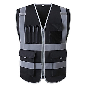 Black Safety Vest Reflective With Pocket And Zipper Construction Vest With Reflective Stripes Hi Vis Workwear(Black, M)