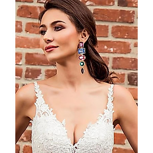 Colorful Sparkly Rhinestone Dangle Earrings - Multicolor Royal Blue Rainbow Emerald Green Glitter Prom Iridescent Pom Pom Statement Pink Stone Gemstone Drop Earrings For Women