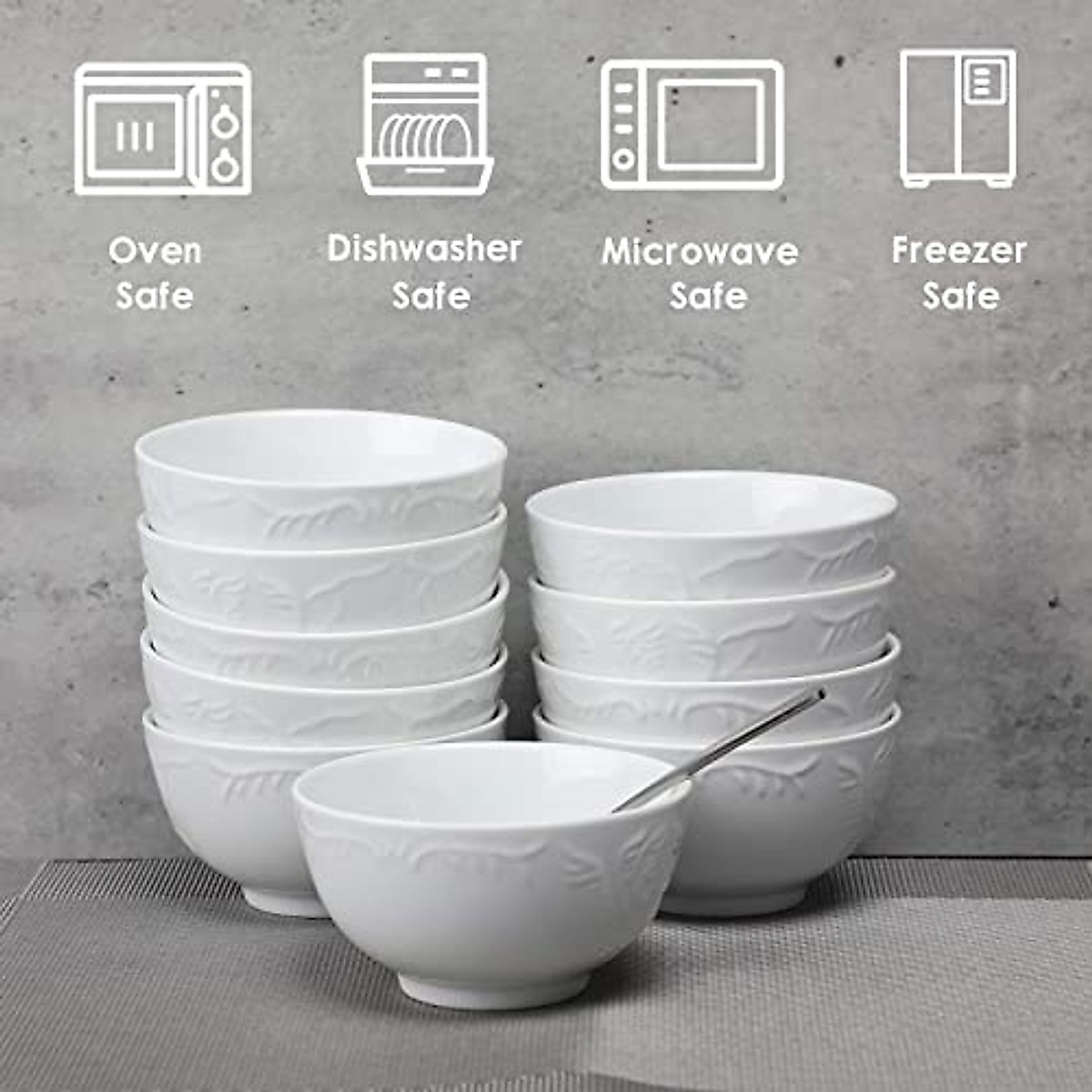 amhomel Cereal Bowls Set of 10 with Embossed Texture, Small Soup Bowls, 11 Ounce Porcelain Deep Bowls for Ice Cream Dessert and Condiment, Lead-Free, Dishwasher & Microwave Safe - White, 4.5 Inch