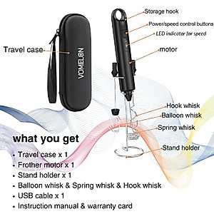 Rechargeable Milk Frother Handheld 3 Speed Coffee Foamer [3 Whisk] Electric Drink Mixer for Latte, Cappuccino, Coffee, Eggs, Hot Chocolate, Protein Black
