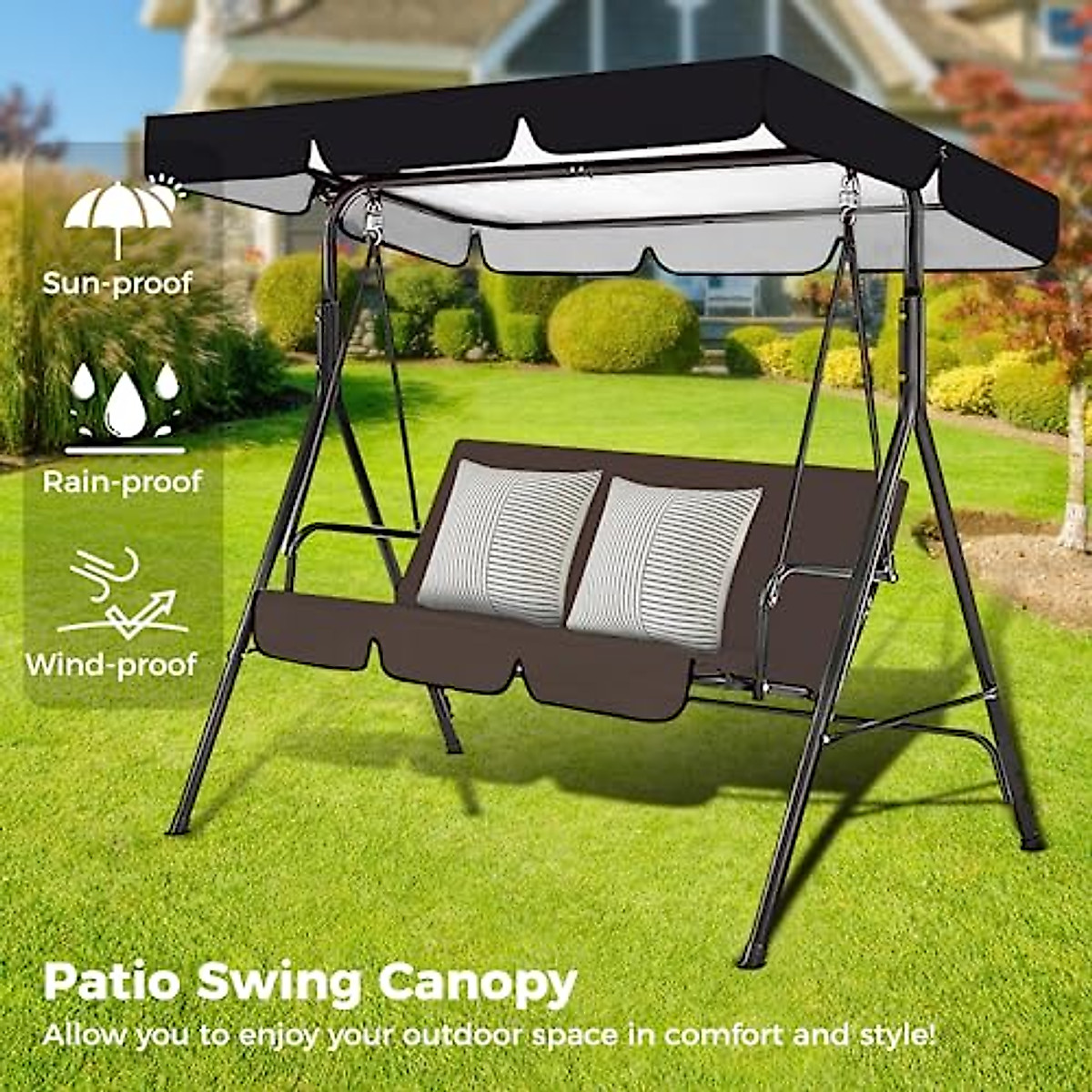 Patio Swing Canopy for 3-Seat Swings,Waterproof & Sunproof Porch Swing Chair Top Cover Replacement for Sunshade, Made of 190T High-Density Polyester, 75 x 52 x 6’’(seat Cover is not Included)