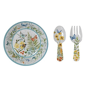 Gerson International Melamine Butterfly Design Salad Bowl with Fork and Spoon, Set of 3, 12.9 Inch Diameter