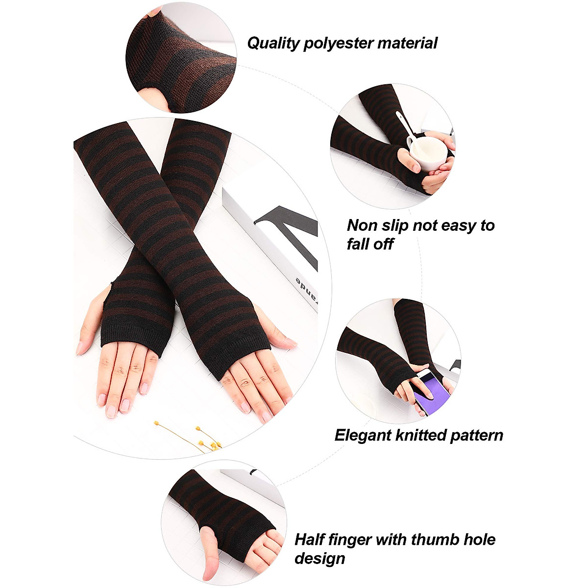 4 Pairs Women Knit Arm Warmers Long Fingerless Gloves Knitted Elbow Length Gloves Thumb Hole Gloves Winter (Black White, Black Grey, Black Blue, Black Coffee)