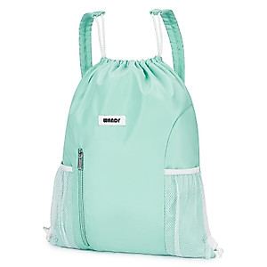 WANDF Drawstring Backpack with Shoulder Pad Sports Gym Backpack with Mesh Pocket String Bag for Women Men(Mint green)