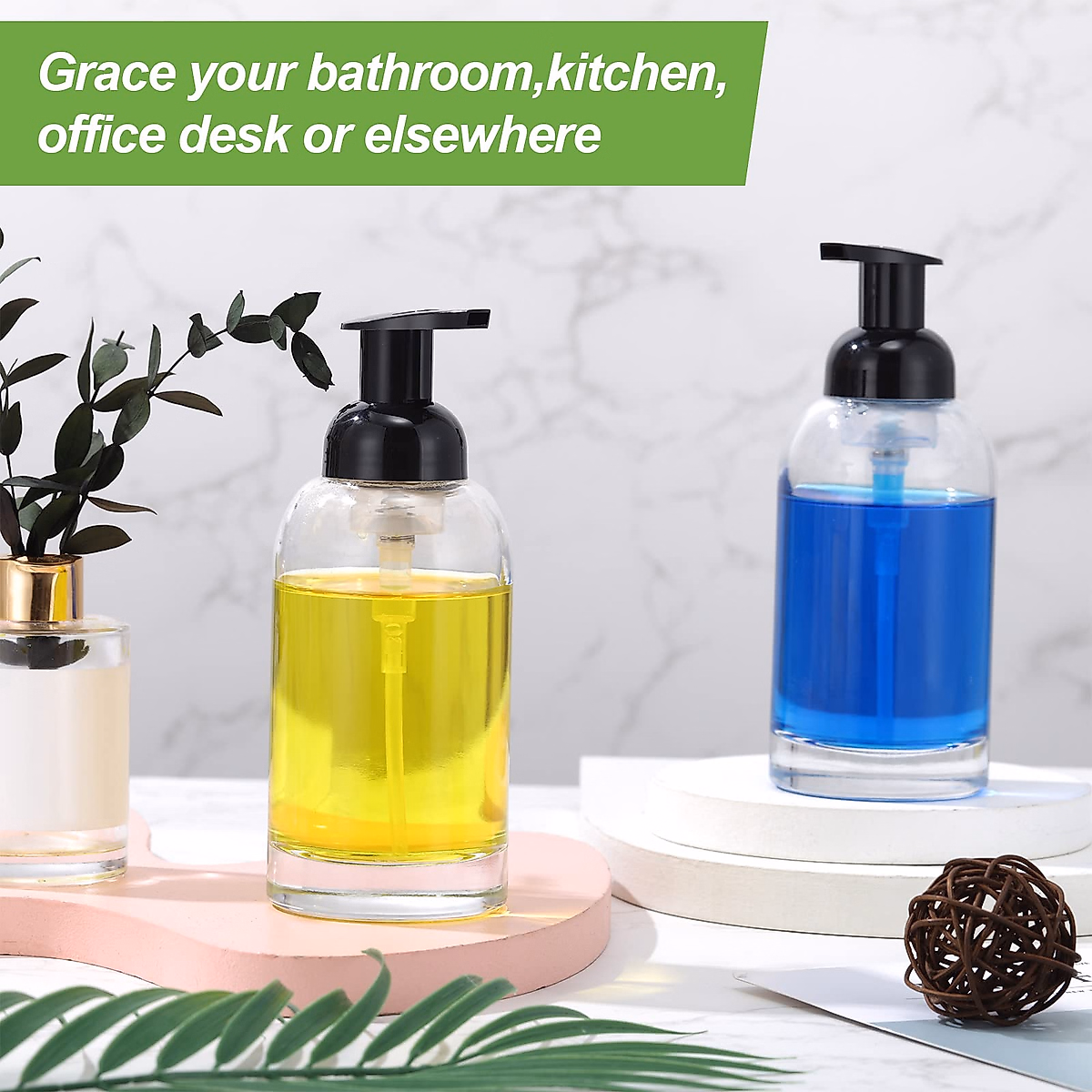 Eccliy 4 Pack 13 Oz Clear Glass Jar Soap Dispenser with Foaming Pump, Clear Thick Hand Liquid Dish Soap Dispenser Round Bottles for Bath Home Kitchen Oil Lotion(Clear)