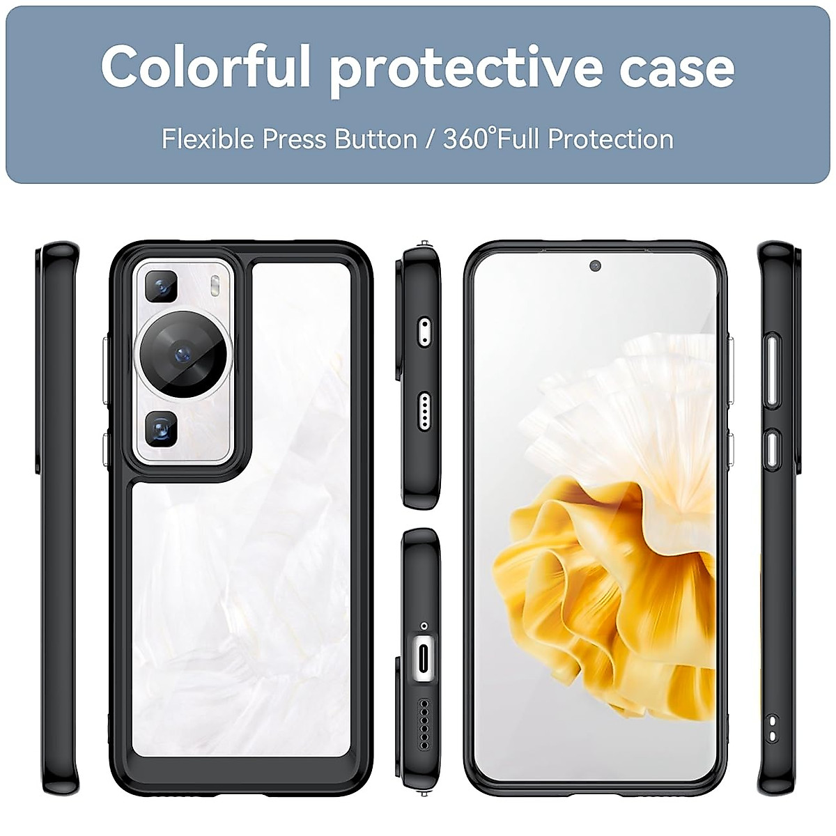DFTCVBN Phone Case for Huawei P60 Case, P60 Pro MNA-LX9 LNA-LX9 Case with HD Screen Protector, Soft Bumper with Clear Crystal PC Hard Back Shockproof Cover Cases for Huawei P60 Pro Black