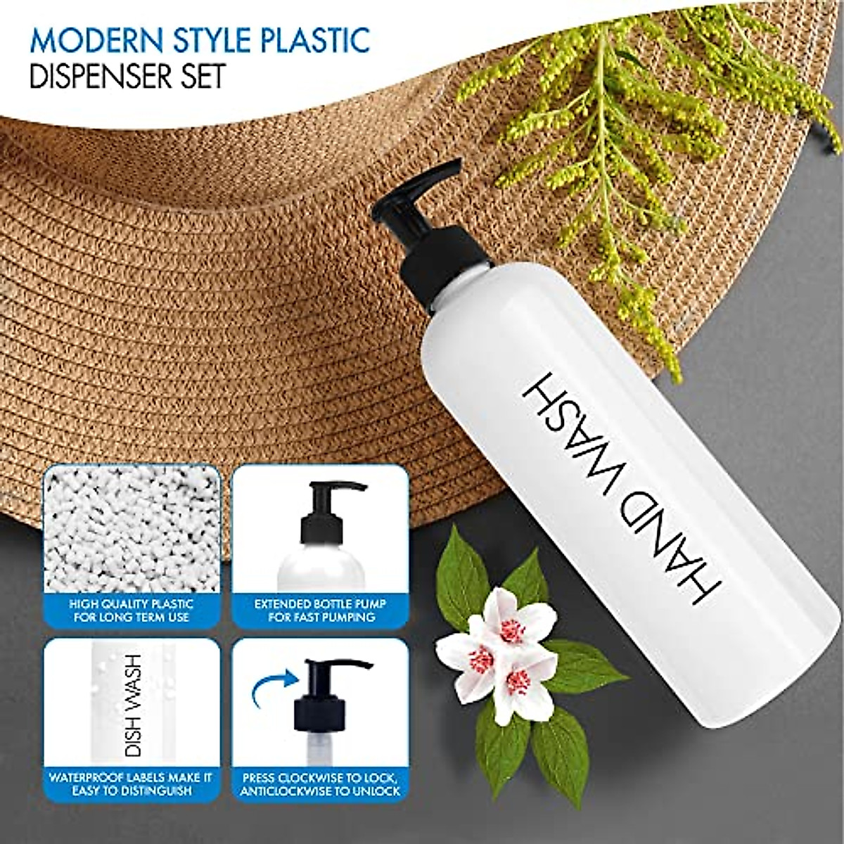 Empty Hand and Dish Soap Dispenser Set – (Pack of 2, 17 Oz) Reusable & Refillable Dish Soap Dispenser & Kitchen Hand Soap Dispenser Bottles Set for Countertop, Sink, Slab & Dish Washing