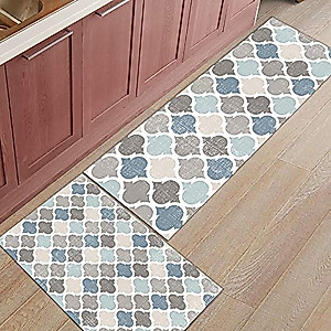 Houseown Kitchen Rugs and Mats 2 Pcs Set, Boho Moroccan Blue Grey Geometric Plaid Microfiber Kitchen Mat Non-Slip Washable Home Decor for Kitchen Floor Home Office Laundry