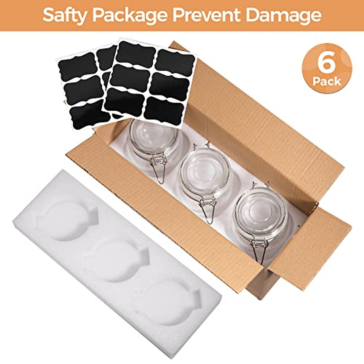 ComSaf Airtight Glass Canister Set of 6 with Lids 17oz Food Storage Jar Round - Storage Container with Clear Preserving Seal Wire Clip Fastening for Kitchen Canning Cereal,Pasta,Sugar,Beans,Spice