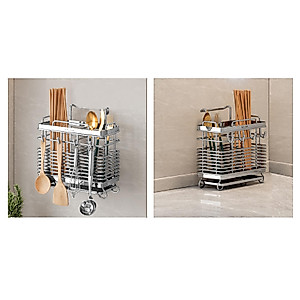 Sturdy 304 Stainless Steel Utensil Drying Rack, Basket Holder with Hooks 2 Compartments Draining Basket, Rust Proof, No Drilling,Kitchen Dish Drainer Dish Drying Rack
