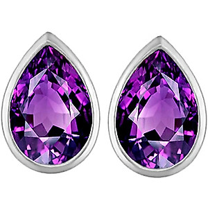 JewelryGift 925 Sterling Silver Natural Amethyst Purple Teardrop Pear Shaped Bezel Set Stud Earrings For Women friction-back Jewelry
