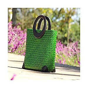 QTKJ Hand-woven Womens Straw Large Boho Handbag Bag for Women, Summer Beach Rattan Tote Travel Bag with Wood Round Top Handle (Green)